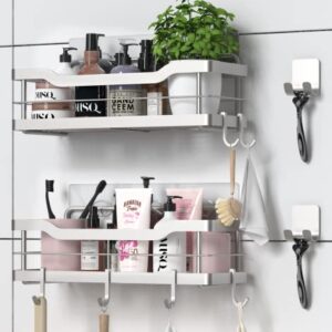 Carwiner Shower Caddy Bathroom Shelf 2-Pack, Basket with 8 Hooks for Hanging Shampoo Conditioner, SUS304 Stainless Steel Rack Wall Mounted Storage Organizer for Kitchen, No Drilling (Silver)