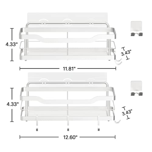 Carwiner Shower Caddy Bathroom Shelf 2-Pack, Basket with 8 Hooks for Hanging Shampoo Conditioner, SUS304 Stainless Steel Rack Wall Mounted Storage Organizer for Kitchen, No Drilling (Silver)