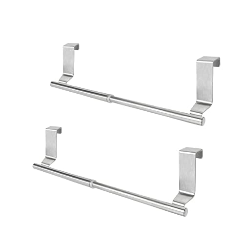 Qflushor Expandable Over Cabinet Towel Bar, 9"-14" Cabinet Door Towel Holder Adjustable, Kitchen Over Cupboard Door Towel Holder, Stainless Steel Dish Towel Holder for Cabinet Door, Silver, 2 Pack