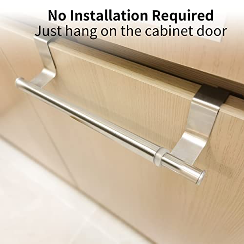 Qflushor Expandable Over Cabinet Towel Bar, 9"-14" Cabinet Door Towel Holder Adjustable, Kitchen Over Cupboard Door Towel Holder, Stainless Steel Dish Towel Holder for Cabinet Door, Silver, 2 Pack