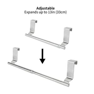 Qflushor Expandable Over Cabinet Towel Bar, 9"-14" Cabinet Door Towel Holder Adjustable, Kitchen Over Cupboard Door Towel Holder, Stainless Steel Dish Towel Holder for Cabinet Door, Silver, 2 Pack