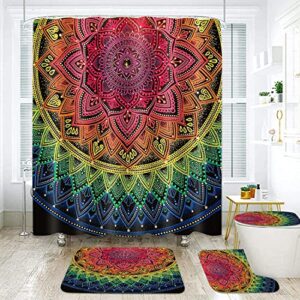 4 pcs mandala flowers shower curtain set, ombre colorful floral bathroom sets with shower curtain and rugs, 72" shower curtain and bath mat, toilet lid cover and u shaped rug, 12 hooks, setlssd260