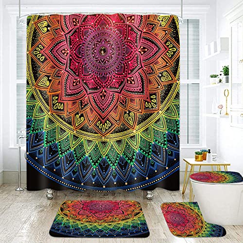 4 Pcs Mandala Flowers Shower Curtain Set, Ombre Colorful Floral Bathroom Sets with Shower Curtain and Rugs, 72" Shower Curtain and Bath Mat, Toilet Lid Cover and U Shaped Rug, 12 Hooks, SETLSSD260