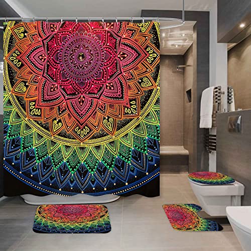 4 Pcs Mandala Flowers Shower Curtain Set, Ombre Colorful Floral Bathroom Sets with Shower Curtain and Rugs, 72" Shower Curtain and Bath Mat, Toilet Lid Cover and U Shaped Rug, 12 Hooks, SETLSSD260