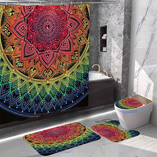 4 Pcs Mandala Flowers Shower Curtain Set, Ombre Colorful Floral Bathroom Sets with Shower Curtain and Rugs, 72" Shower Curtain and Bath Mat, Toilet Lid Cover and U Shaped Rug, 12 Hooks, SETLSSD260