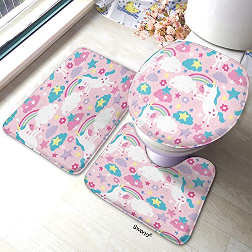 HGOD DESIGNS Unicorn Bath Mat,Funny Pink Unicorn and Rainbow Pattern Bathroom Mat 3 Piece Set Non-Slip Bathmat Antiskid Pad Doormat and Toilet Lid Cover Set