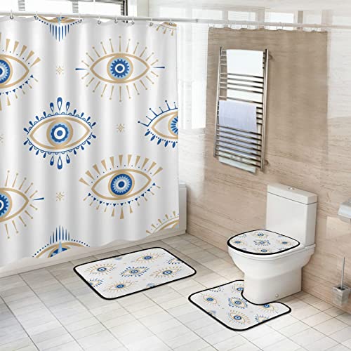 Vnurnrn 4PCS Evil Eyes Pattern Shower Curtain Set with Non-Slip Rugs, Toilet Lid Cover and Bath U-Shaped Mat, Bathroom Decor Set Accessories Waterproof Shower Curtain Sets with 12 Hooks