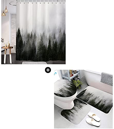 ORTIGIA 4Pcs Misty Forest Shower Curtain Sets, Bathroom Sets with Shower Curtain, Toilet Lid Rug, Contour Mat and Bath Mat, Shower Curtain with 12 Hooks for Bathroom Set Decor