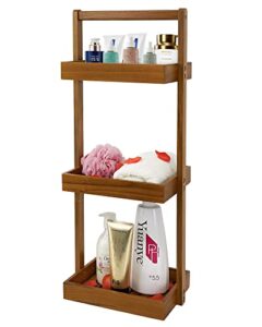 utoplike teak wood shower caddy corner, 3 tier standing shower organizer with handle, bathroom stand up shower shelf caddy basket for shampoo, rack for inside shower, for bath, office, kitchen desktop