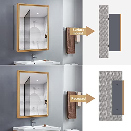 FOMAYKO Aluminum Bathroom Medicine Cabinet with Farmhouse Gold Framed 20(H) x16(W) Inches Recess or Surface Mount Mirror Cabinet for Bathroom Toilet Kitchen