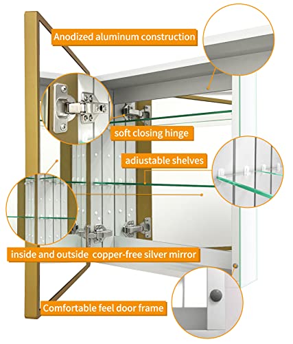 FOMAYKO Aluminum Bathroom Medicine Cabinet with Farmhouse Gold Framed 20(H) x16(W) Inches Recess or Surface Mount Mirror Cabinet for Bathroom Toilet Kitchen