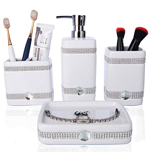 CAA'S Bathroom Accessories Set Ceramic 4 Pieces Bathroom Ensemble for Bath Decor Includes Lotion Dispenser Toothbrush Holder Tumbler Soap Dish (White Inlaid Zircon)