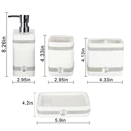 CAA'S Bathroom Accessories Set Ceramic 4 Pieces Bathroom Ensemble for Bath Decor Includes Lotion Dispenser Toothbrush Holder Tumbler Soap Dish (White Inlaid Zircon)