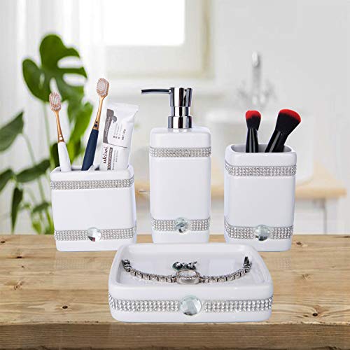 CAA'S Bathroom Accessories Set Ceramic 4 Pieces Bathroom Ensemble for Bath Decor Includes Lotion Dispenser Toothbrush Holder Tumbler Soap Dish (White Inlaid Zircon)