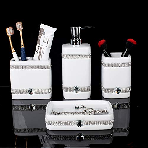 CAA'S Bathroom Accessories Set Ceramic 4 Pieces Bathroom Ensemble for Bath Decor Includes Lotion Dispenser Toothbrush Holder Tumbler Soap Dish (White Inlaid Zircon)