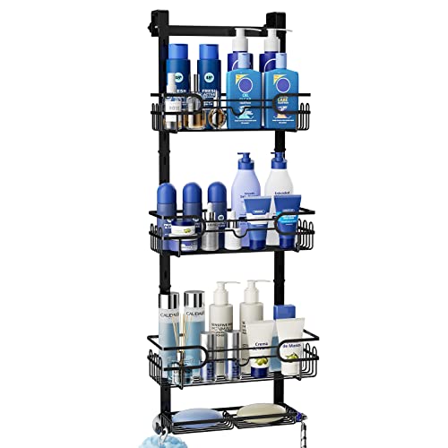 Consumest 4 Tier Over The Door Shower Caddy with Soap Holder, Adjustable Shower Organizer Hanging Shower Shelf with 22 Hooks, Rustproof Stainless Steel Hanging Shower Caddy for Bathroom, Black