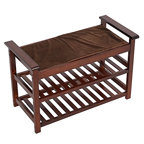 LUCKYERMORE 2-Tier Wood Shoe Rack Bench with Cushion Seat Storage Bench Sturdy Bamboo Storage Shelf Entryway Shoe Organizer for Hallway Bathroom Living Room