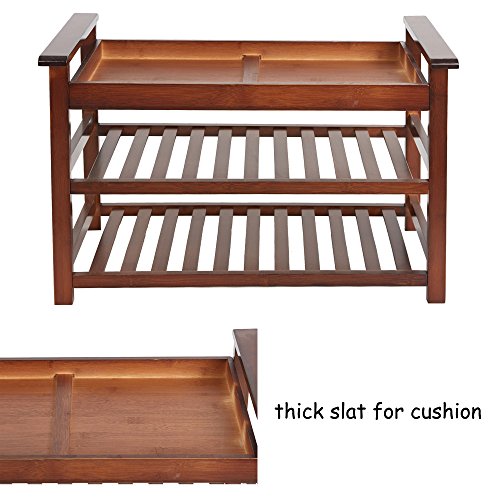 LUCKYERMORE 2-Tier Wood Shoe Rack Bench with Cushion Seat Storage Bench Sturdy Bamboo Storage Shelf Entryway Shoe Organizer for Hallway Bathroom Living Room