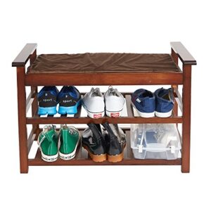 LUCKYERMORE 2-Tier Wood Shoe Rack Bench with Cushion Seat Storage Bench Sturdy Bamboo Storage Shelf Entryway Shoe Organizer for Hallway Bathroom Living Room