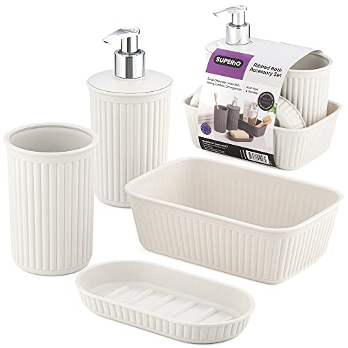 Decorative Plastic Bathroom Accessories Set, White Smoke (Set of 4) Soap Dish, Liquid Dispenser, Toothbrush Holder Cup, Vanity Organizer Tray - Bath Accessory Countertop Decor Gift - Ribbed Design