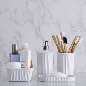 Decorative Plastic Bathroom Accessories Set, White Smoke (Set of 4) Soap Dish, Liquid Dispenser, Toothbrush Holder Cup, Vanity Organizer Tray - Bath Accessory Countertop Decor Gift - Ribbed Design