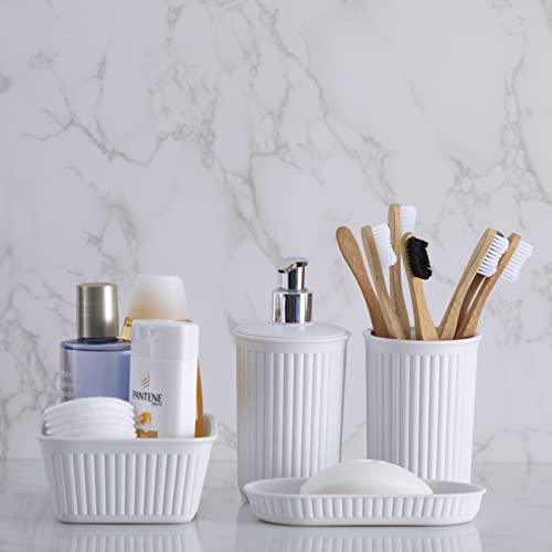 Decorative Plastic Bathroom Accessories Set, White Smoke (Set of 4) Soap Dish, Liquid Dispenser, Toothbrush Holder Cup, Vanity Organizer Tray - Bath Accessory Countertop Decor Gift - Ribbed Design