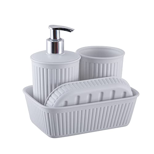 Decorative Plastic Bathroom Accessories Set, White Smoke (Set of 4) Soap Dish, Liquid Dispenser, Toothbrush Holder Cup, Vanity Organizer Tray - Bath Accessory Countertop Decor Gift - Ribbed Design