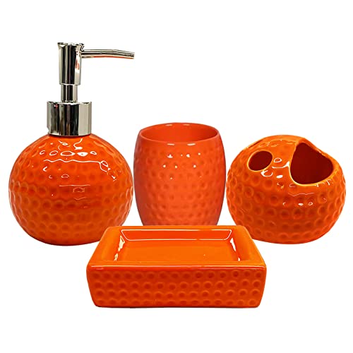 LISANEK Bathroom Accessories Set 4 Piece Ceramic Bathroom Accessories Decoration Set with Lotion Dispenser, Soap Dish,Cup,Toothbrush Holder (Orange)