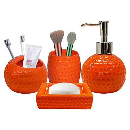 LISANEK Bathroom Accessories Set 4 Piece Ceramic Bathroom Accessories Decoration Set with Lotion Dispenser, Soap Dish,Cup,Toothbrush Holder (Orange)