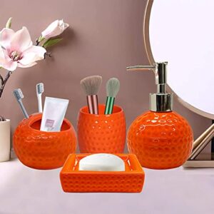 LISANEK Bathroom Accessories Set 4 Piece Ceramic Bathroom Accessories Decoration Set with Lotion Dispenser, Soap Dish,Cup,Toothbrush Holder (Orange)