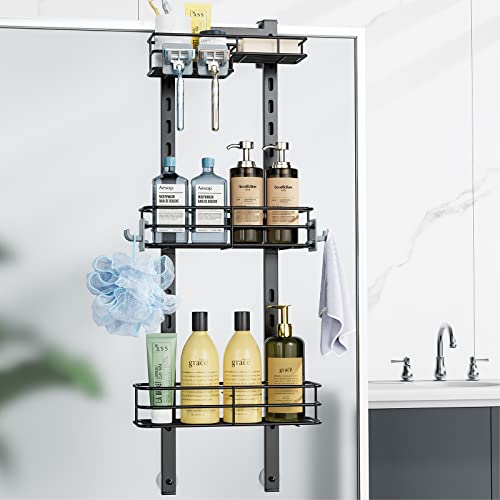 ODesign Over Door Shower Caddy Shelf with 4 Hooks Rustproof Bathroom Kitchen Storage Basket with Suctions for Large Shampoo Conditioner - 3 Tiers