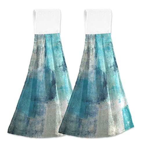 Modern Teal Turquoise Hanging Kitchen Towels 2 Pack Dish Cloth Tie Towel, Abstract Painting Absorbent Soft Hand Towels with Hanging Loop for Bathroom Farmhouse Bar Tabletop Home Decor