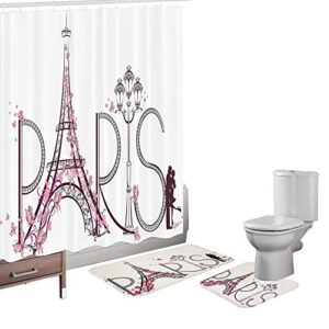 amagical paris eiffel with pari towers lettering pink flowers couple trip print 3 piece bathroom mat set shower curtain set bath mat contour mat shower curtain 12 hooks