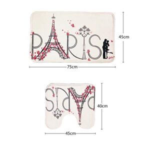 Amagical Paris Eiffel with Pari Towers Lettering Pink Flowers Couple Trip Print 3 Piece Bathroom Mat Set Shower Curtain Set Bath Mat Contour Mat Shower Curtain 12 Hooks