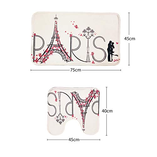 Amagical Paris Eiffel with Pari Towers Lettering Pink Flowers Couple Trip Print 3 Piece Bathroom Mat Set Shower Curtain Set Bath Mat Contour Mat Shower Curtain 12 Hooks