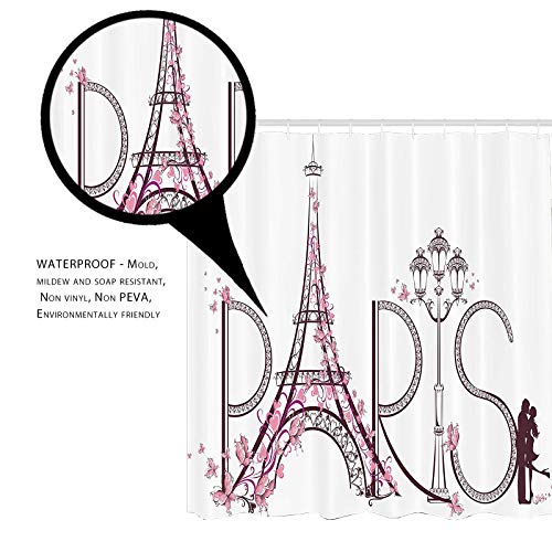 Amagical Paris Eiffel with Pari Towers Lettering Pink Flowers Couple Trip Print 3 Piece Bathroom Mat Set Shower Curtain Set Bath Mat Contour Mat Shower Curtain 12 Hooks