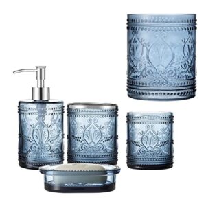 5pcs dark blue glass bathroom accessories set with decorative pressed pattern - includes hand soap dispenser & tumbler & soap dish & toothbrush holder & wastebasket