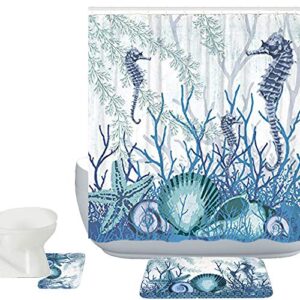 amagical sea shells seahorse starfish pattern 3 piece blue ocean shower curtain bath mat set non slip bathroom mat contour mat fabric shower curtain with 12 hooks