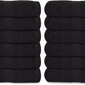 GOLD TEXTILES 100% Cotton Washcloth - 12 Pack | 13x13 inches | Black - Ultra Soft, Highly Absorbent, Long Lasting and Quick Drying - Hotel & Spa Collection Cool Feel Fingertip Towels