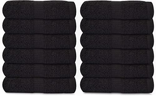 GOLD TEXTILES 100% Cotton Washcloth - 12 Pack | 13x13 inches | Black - Ultra Soft, Highly Absorbent, Long Lasting and Quick Drying - Hotel & Spa Collection Cool Feel Fingertip Towels