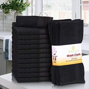 GOLD TEXTILES 100% Cotton Washcloth - 12 Pack | 13x13 inches | Black - Ultra Soft, Highly Absorbent, Long Lasting and Quick Drying - Hotel & Spa Collection Cool Feel Fingertip Towels