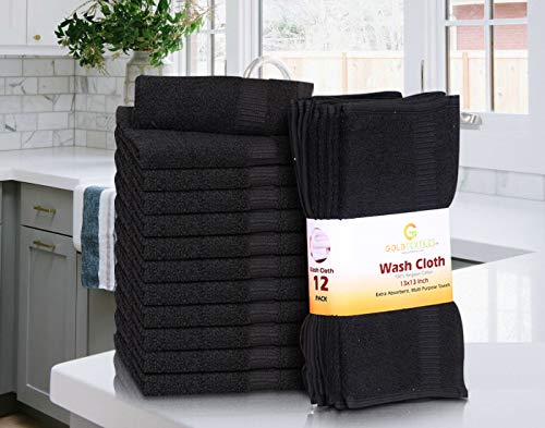 GOLD TEXTILES 100% Cotton Washcloth - 12 Pack | 13x13 inches | Black - Ultra Soft, Highly Absorbent, Long Lasting and Quick Drying - Hotel & Spa Collection Cool Feel Fingertip Towels