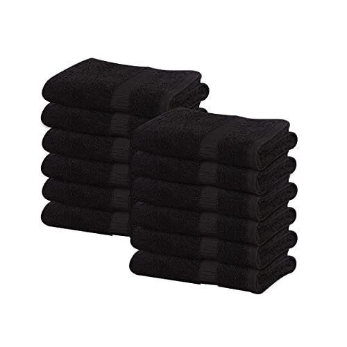 GOLD TEXTILES 100% Cotton Washcloth - 12 Pack | 13x13 inches | Black - Ultra Soft, Highly Absorbent, Long Lasting and Quick Drying - Hotel & Spa Collection Cool Feel Fingertip Towels