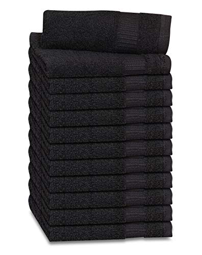 GOLD TEXTILES 100% Cotton Washcloth - 12 Pack | 13x13 inches | Black - Ultra Soft, Highly Absorbent, Long Lasting and Quick Drying - Hotel & Spa Collection Cool Feel Fingertip Towels