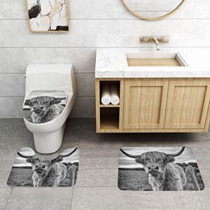 Billichase Highland Cow Bathroom Rugs and Mats Set 3 Pieces Non Slip Absorbent U-Shaped Contour Toilet Mats, Bath Mat and Toilet Lid Cover for Tub Shower and Bath Room