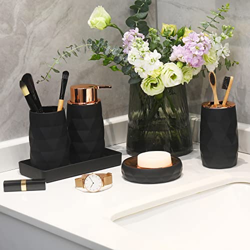 GAHEFY Bathroom Accessories Set 5 pcs,Bathroom Soap and Lotion Dispenser Set with Tray,Toothbrush Holder,Soap Dish (Rose Gold Black)