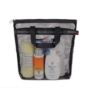 Bags in bag Portable shower Mesh Caddy bag Quick Dry Hanging Toiletry and Bath Organizer for travel and swimming (Black)