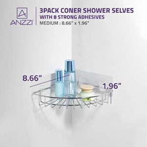 ANZZI 3-Piece Corner Shower Caddy Shelf Set with 8 Adhesive in Chrome | Steel Wall Mount Storage Organizer Shelves for Bathroom Kitchen Garage | Sturdy Holder Rack Basket | AC-AZSC64CH