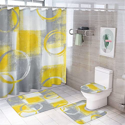 Kazynee Yellow Grey Modern 4 Piece Shower Curtain Sets, Non-Slip Rugs, Toilet Lid Cover and Bath Mat, Durable and Waterproof, for Bathroom Decor Set One Size