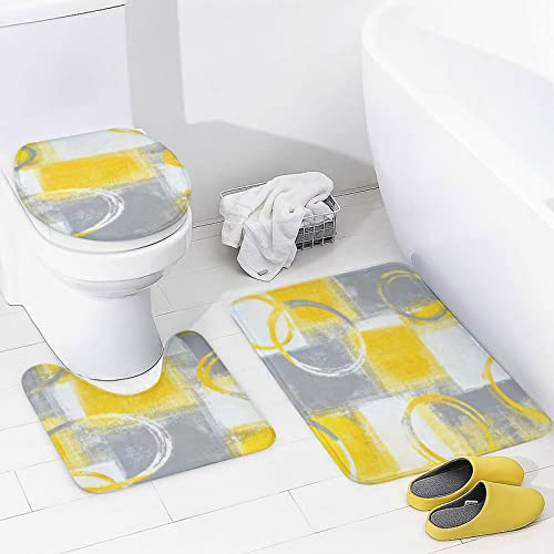 Kazynee Yellow Grey Modern 4 Piece Shower Curtain Sets, Non-Slip Rugs, Toilet Lid Cover and Bath Mat, Durable and Waterproof, for Bathroom Decor Set One Size